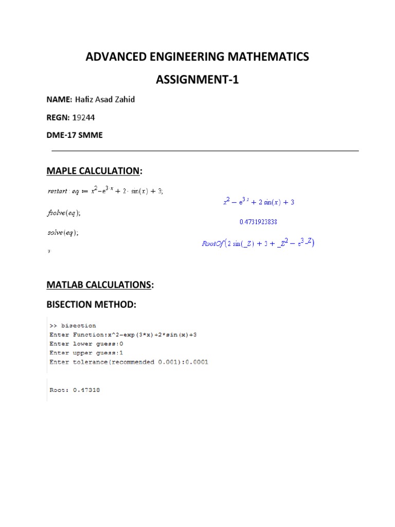 Advanced Engineering Mathematics Assignment-1: Maple Calculation | PDF