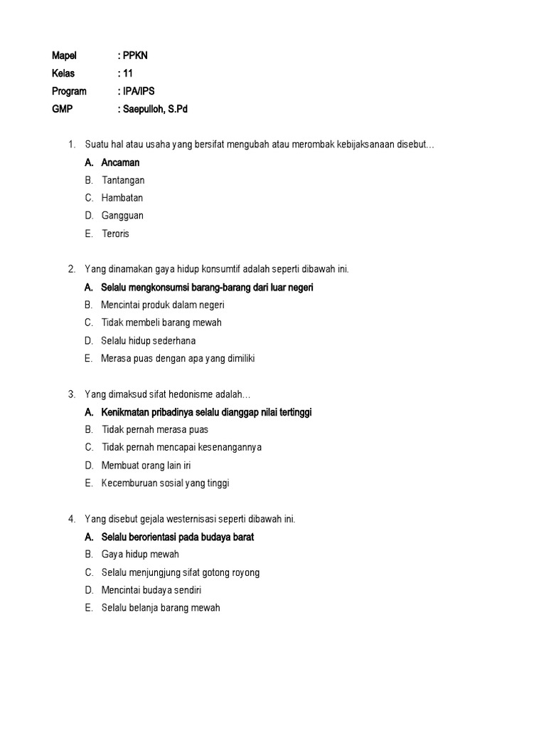 Soal PPKN Kelas 11 | PDF