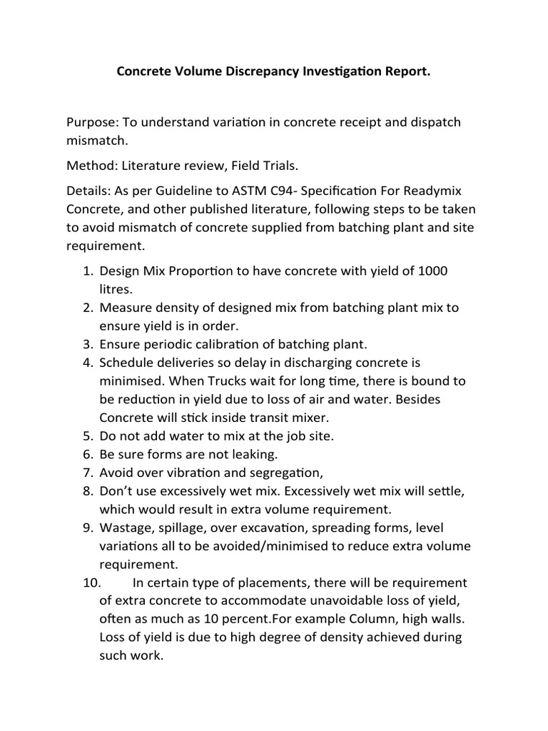 Concrete Volume Discrepancy Investigation Report | Download Free PDF ...