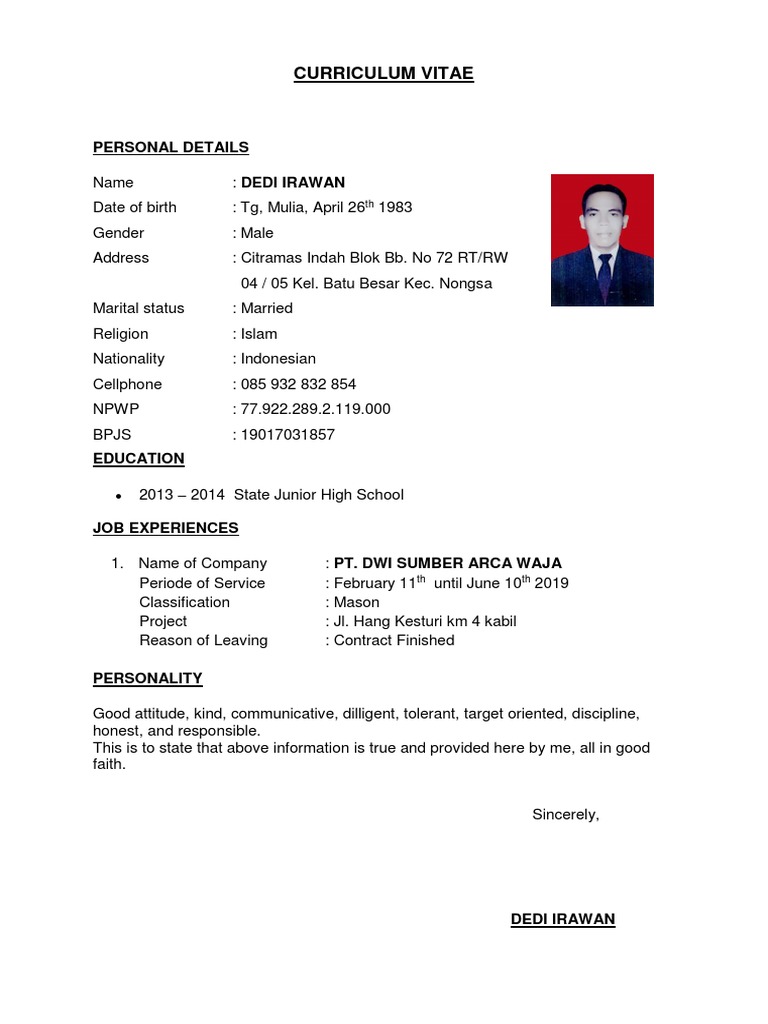 CV Dedi Irawan Indonesian Mason Curriculum Vitae | PDF