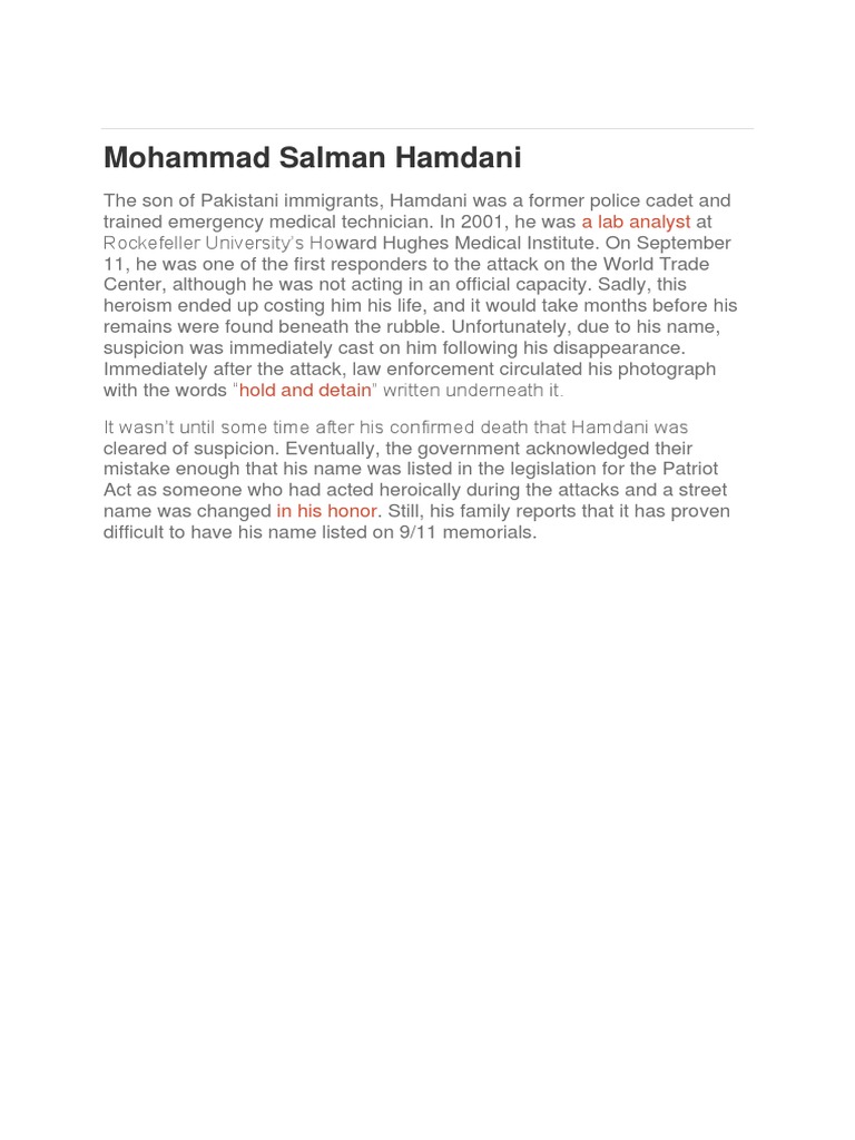 Mohammad Salman Hamdani: A Lab Analyst | PDF | Mystery, Thriller ...