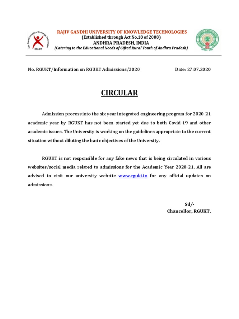 Circular On Admissions 2020-21 PDF | PDF