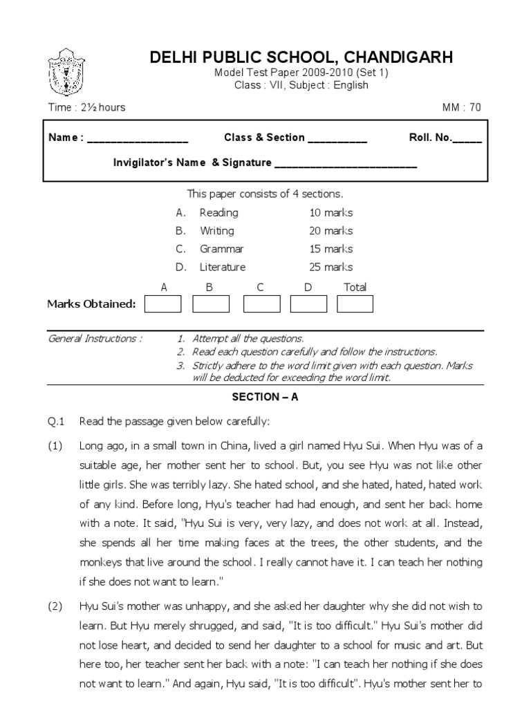 Class VII English Sample Paper | PDF