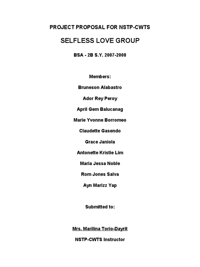 Selfless Love Group: Project Proposal For Nstp-Cwts | PDF | Project Management | Behavior ...