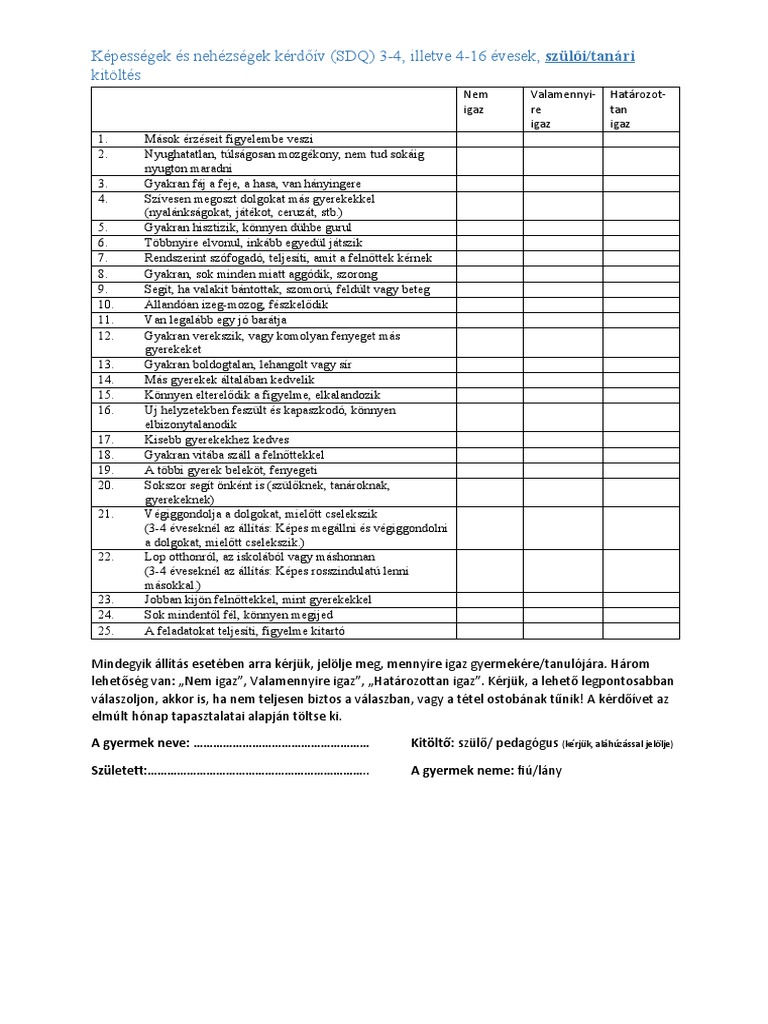 Gyermek Képességek Nehézségek (SDQ) 3-17 SZ - T Másolata | PDF