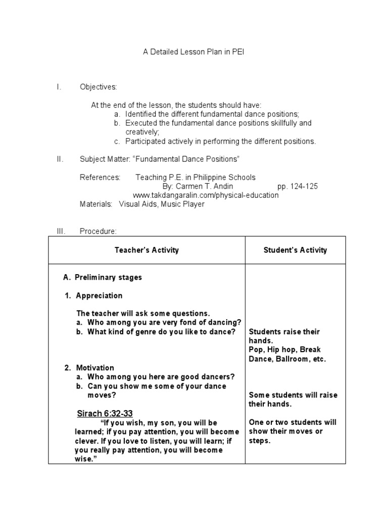 Fundamental Dance Position Lesson Plan | Download Free PDF | Lesson ...
