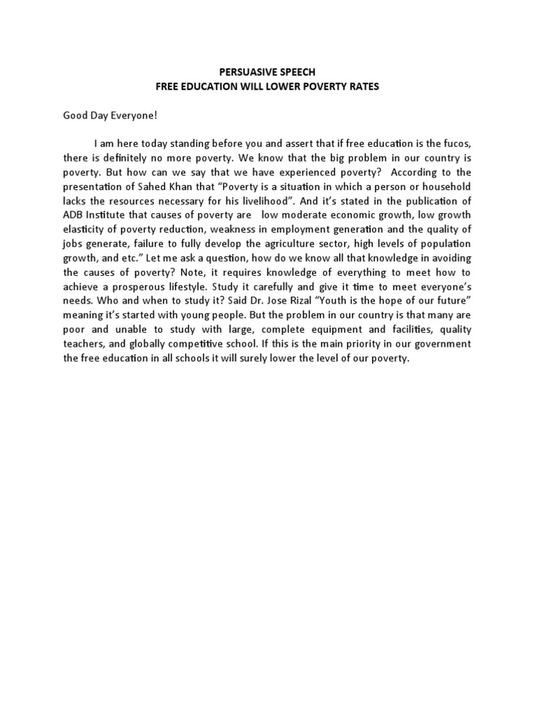 Persuasive Speech Free Education Will Lower Poverty Rates | PDF