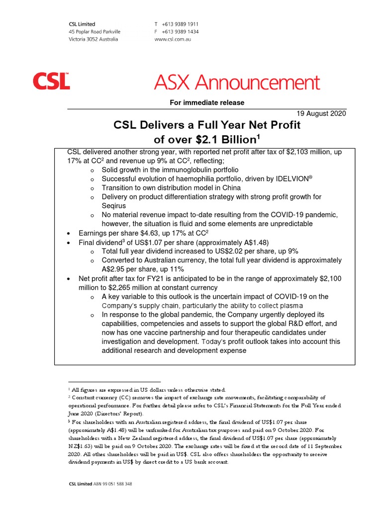 CSL Delivers A Full Year Net Profit of Over $2.1 Billion: For Immediate ...