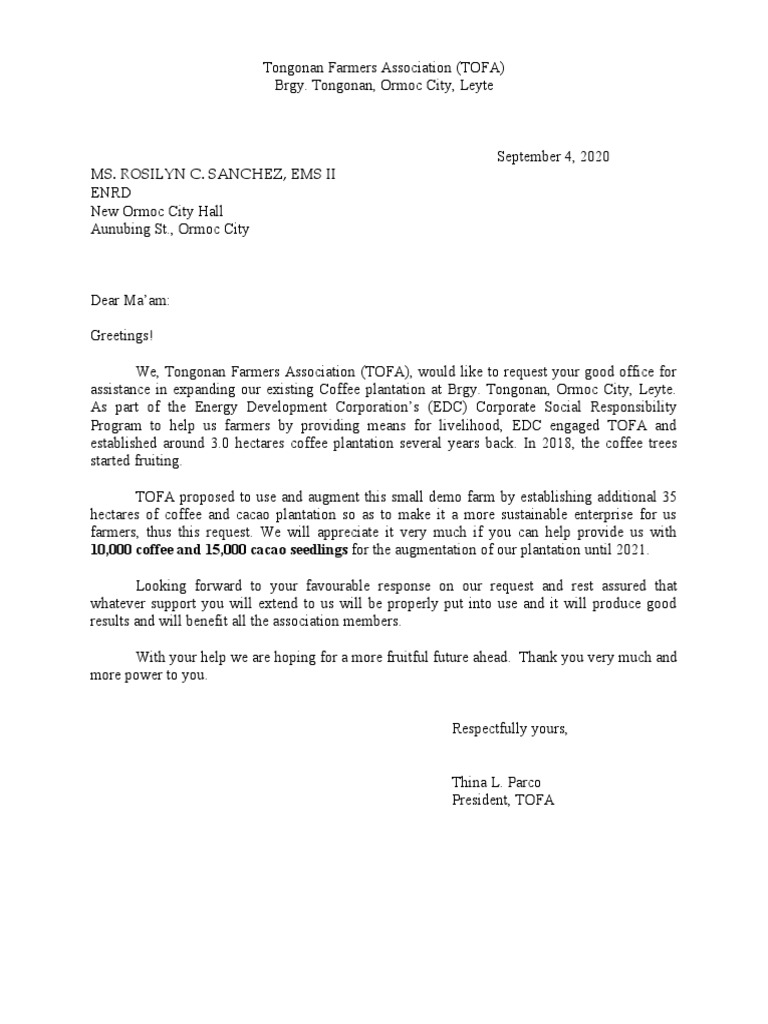 Letter Request For ENRD - COFFEE Seedlings TOFA | PDF