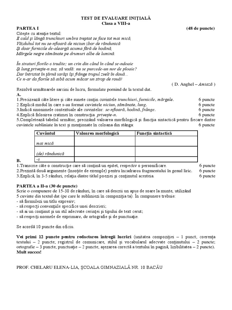 LB - Romana-Cls.8-Evaluare Initiala-Clasa A Viii-A PDF | PDF
