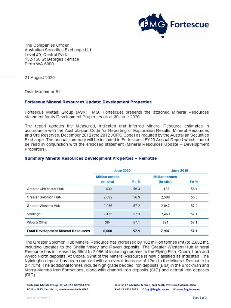 Fortescue Mineral Resources Update: Development Properties | PDF ...