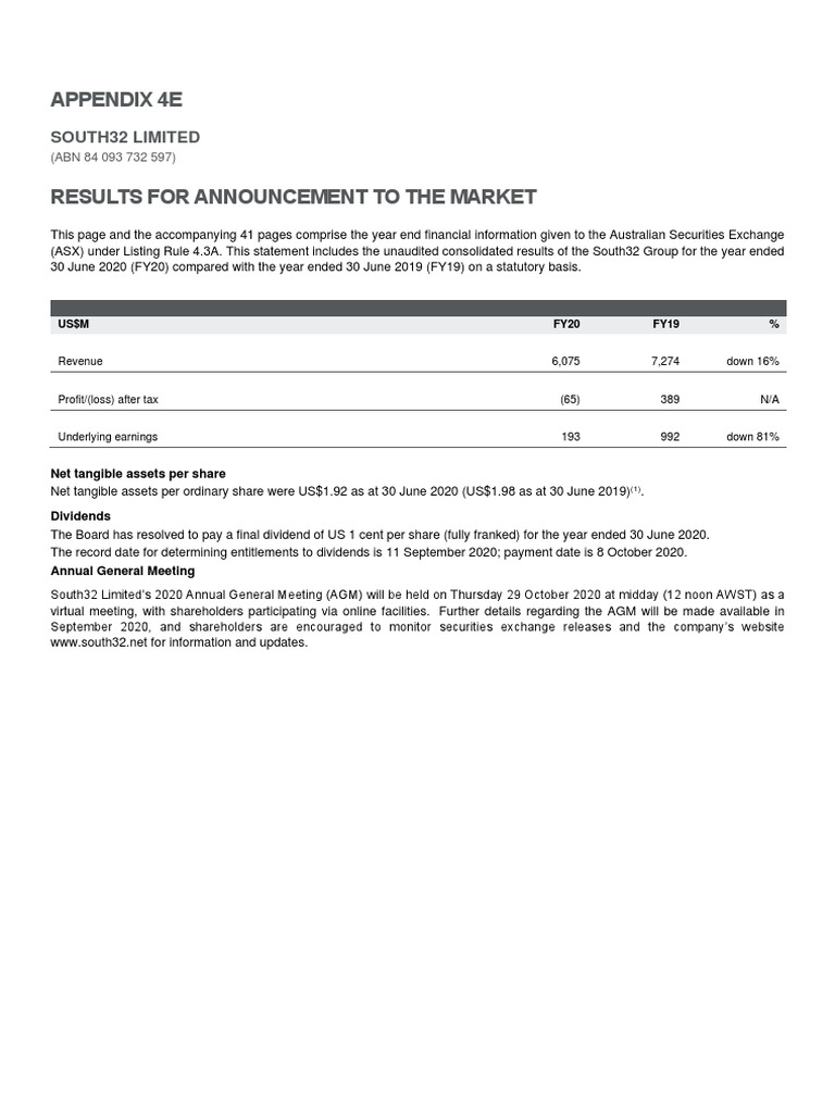 Appendix 4E: South32 Limited | PDF | Earnings Before Interest | Dividend