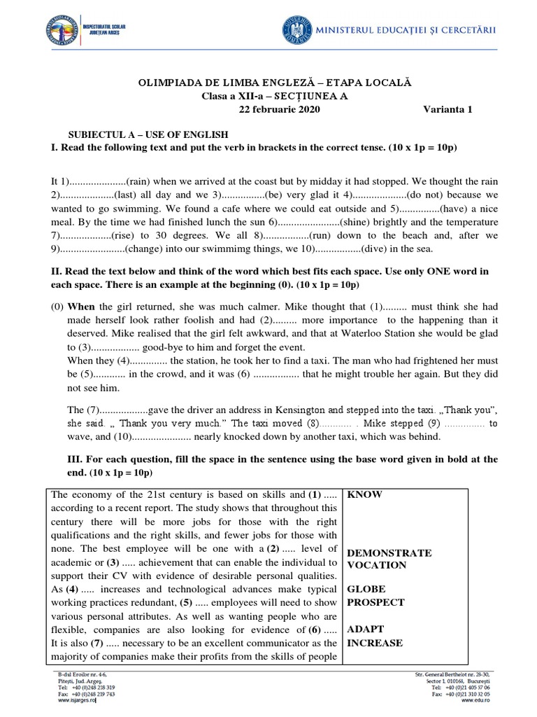 12A Subiect +barem | PDF | Vocabulary | Essays