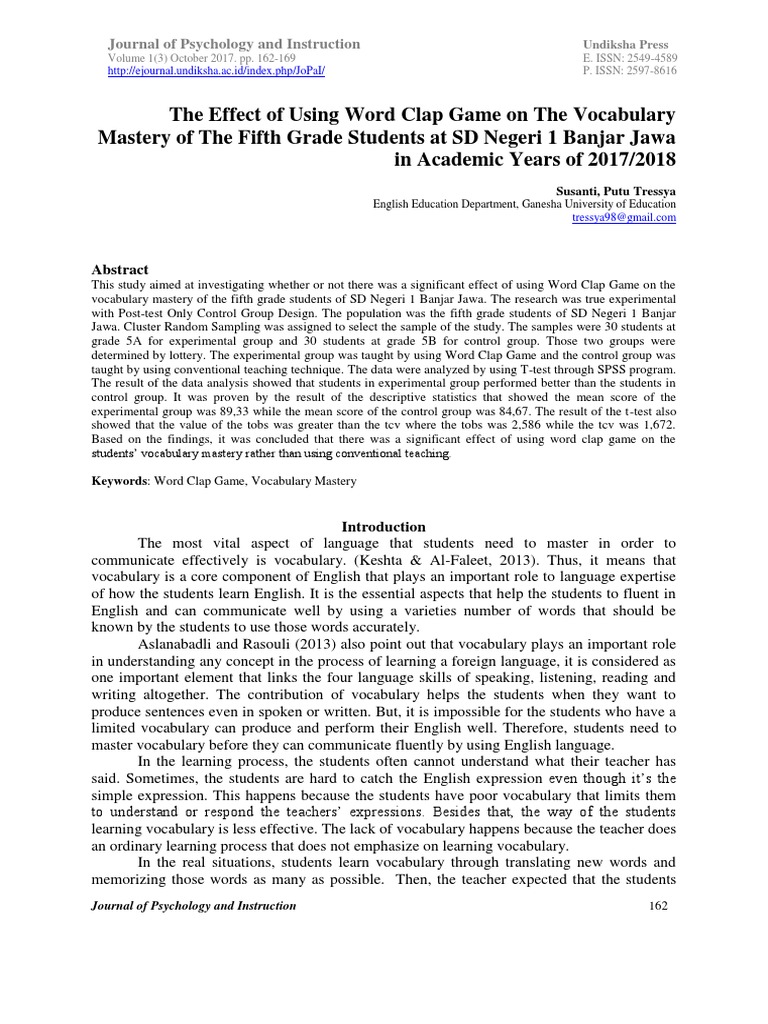 The Effect of Using Word Clap Game On The Vocabulary Mastery of The ...