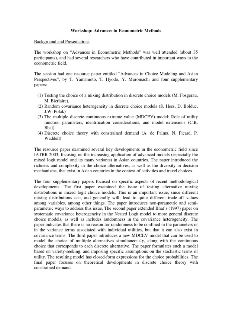 Workshop: Advances in Econometric Methods | PDF | Econometrics | Applied Mathematics