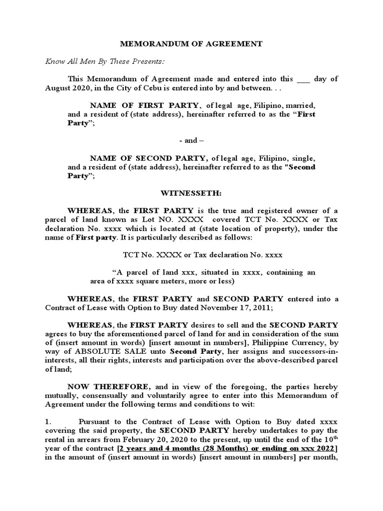 MOA Sample | PDF | Deed | Capital Gains Tax