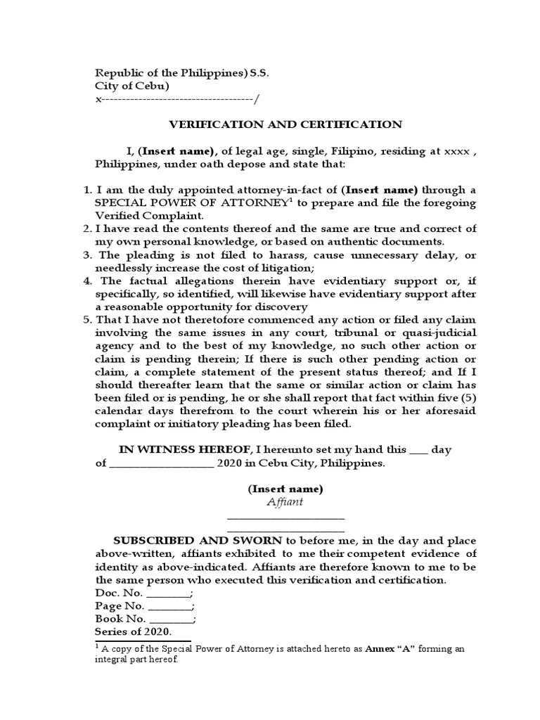 VERIFICATION and Certification Sample | PDF | Affidavit | Legal Procedure