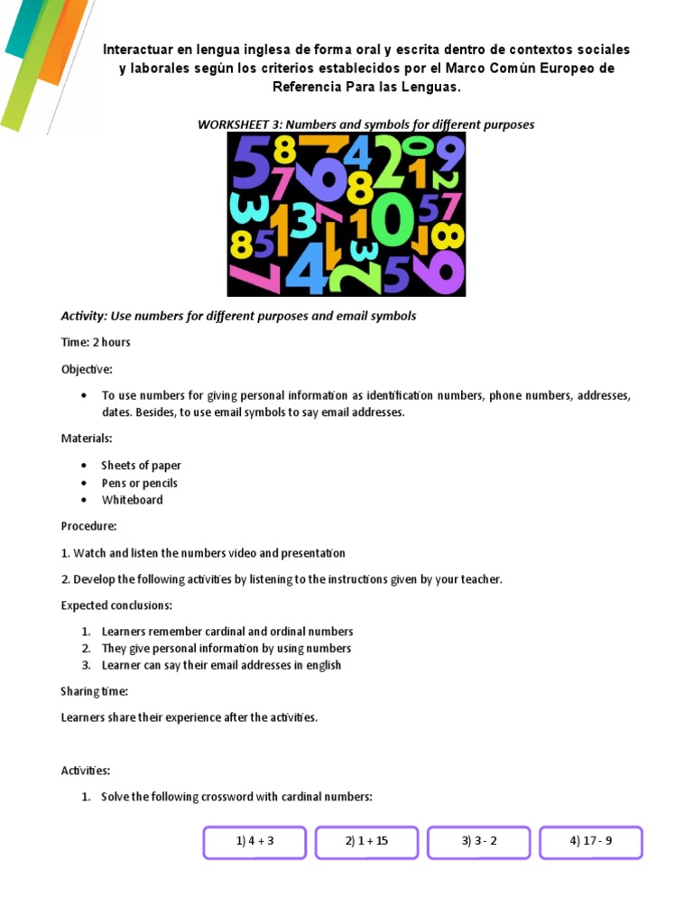 Worksheet 3 Numbers and Symbols For Different Purposes | PDF | Learning ...