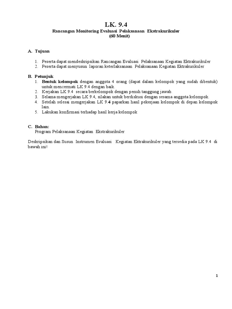 Rancangan Monitoring Evaluasi Pelaksanaan Ekstrakurikuler (60 Menit) | PDF | Metode & Bahan Ajar