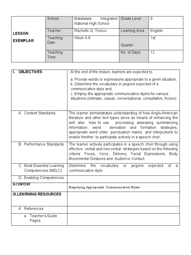 Lesson-Exemplar-Template - Activity | PDF | Nonverbal Communication ...