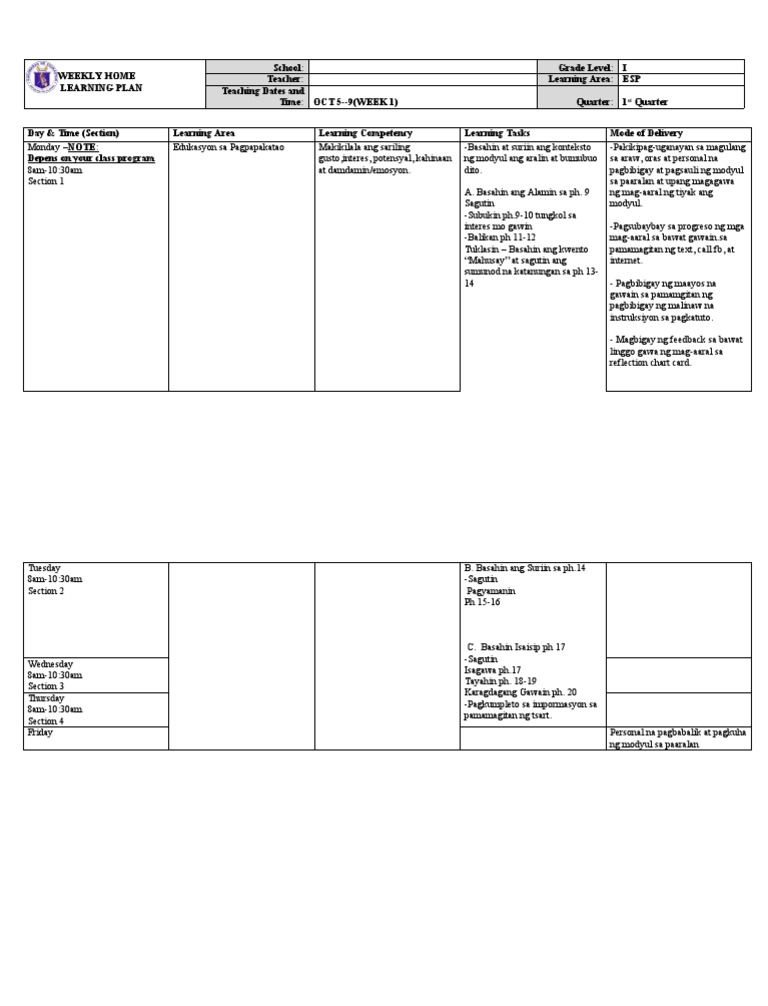 ESP Grade 1 Weekly Home Learning Plan - For Modular 1st Quarter-1st ...