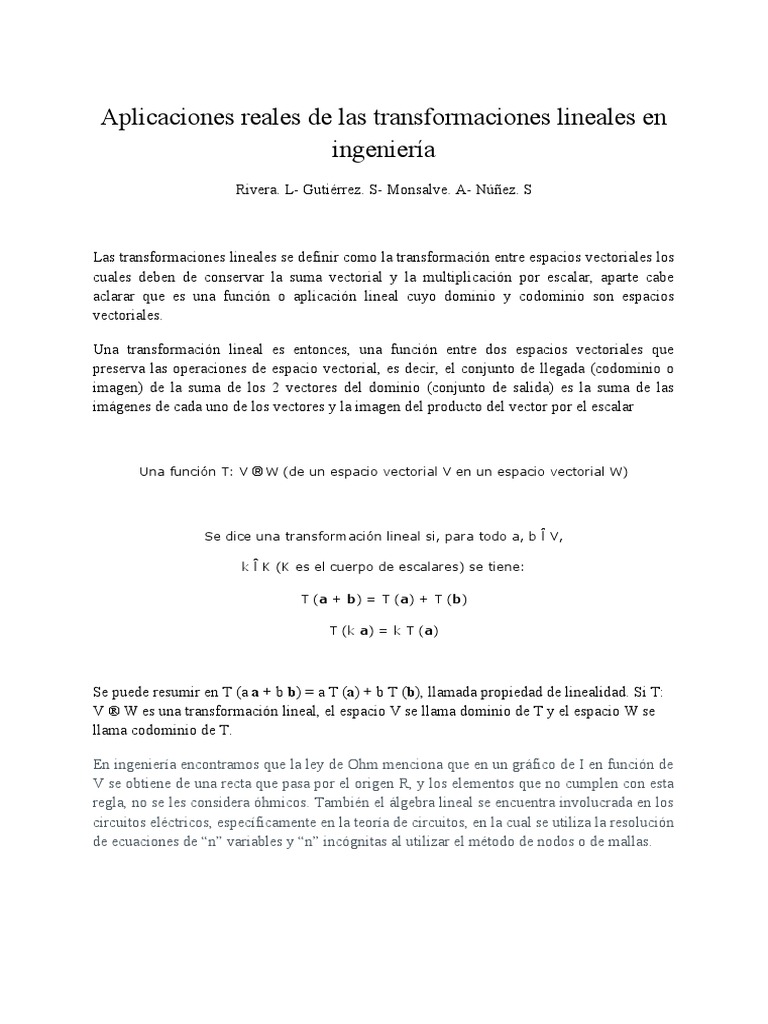 Aplicaciones Reales de Las Transformaciones Lineales en Ingeniería | PDF | Mapa lineal | Espacio ...