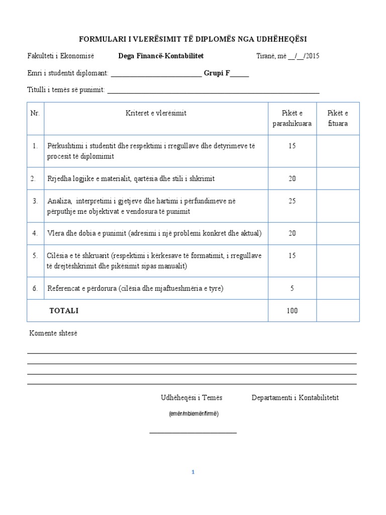 Formulari I Vlerësimit Të Diplomës Nga Udhëheqësi | PDF
