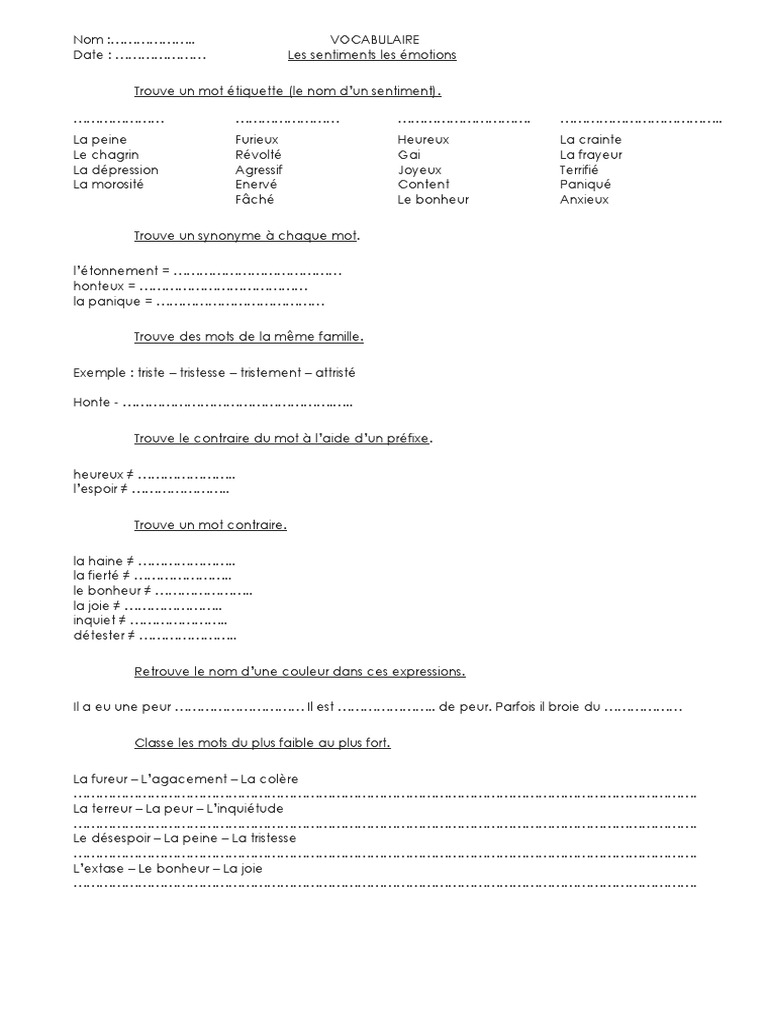 Exercices sur les sentiments et émotions | PDF | Arts du langage et ...