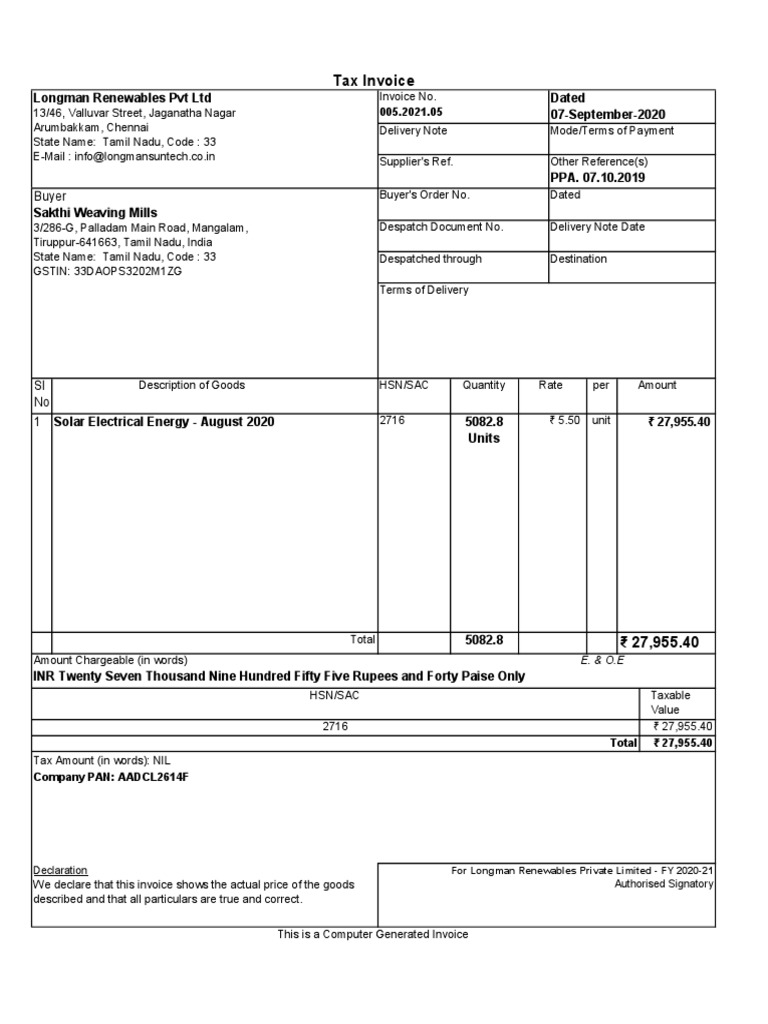 Solar Energy Invoice - September 2020 | PDF | Invoice | Payments