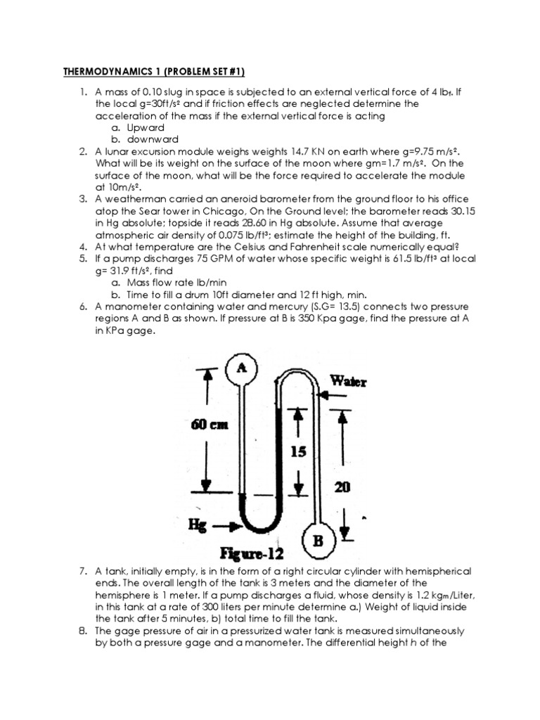 Thermodynamics Problem Set 1 | PDF | Pressure Measurement | Pressure