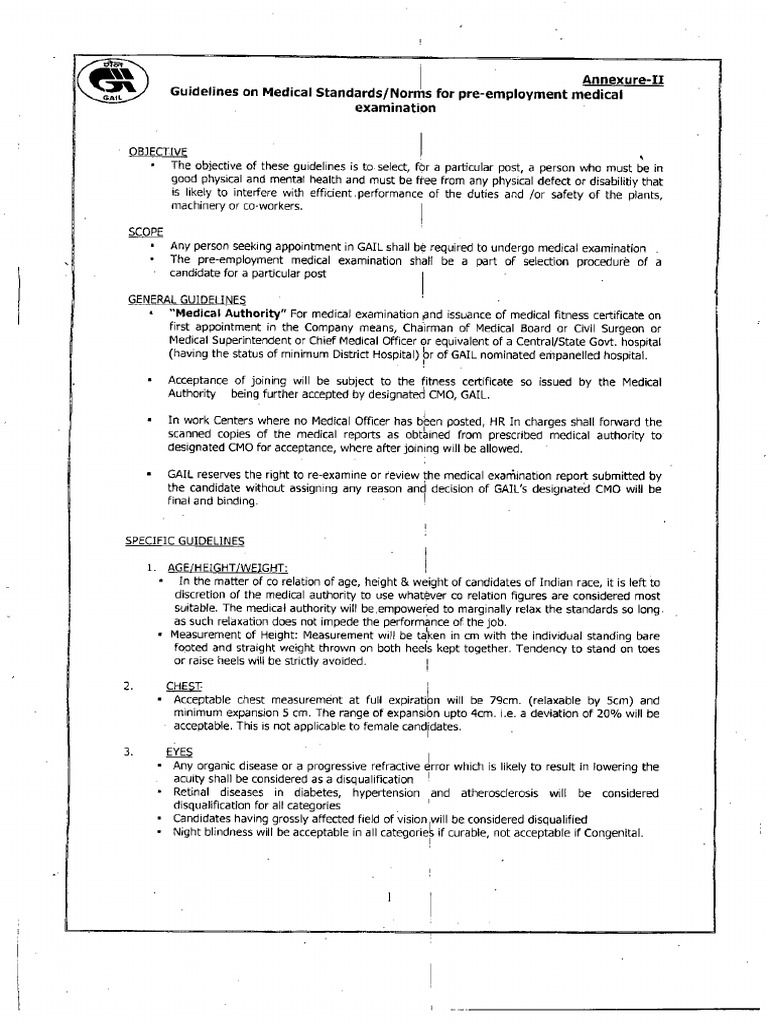 Annexure-II Guidelines On Medical Standards/Norms For Pre-Employment Medical Examination ...