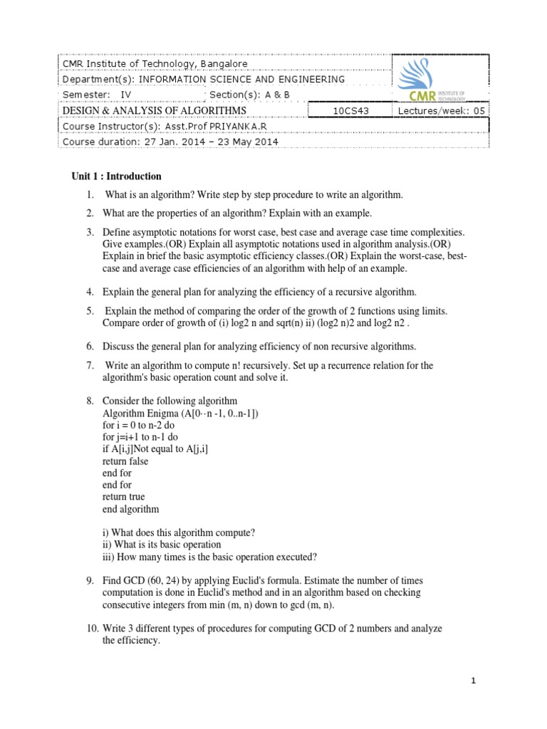 DAA Question Bank-10CS43 | PDF | Computational Complexity Theory | Algorithms