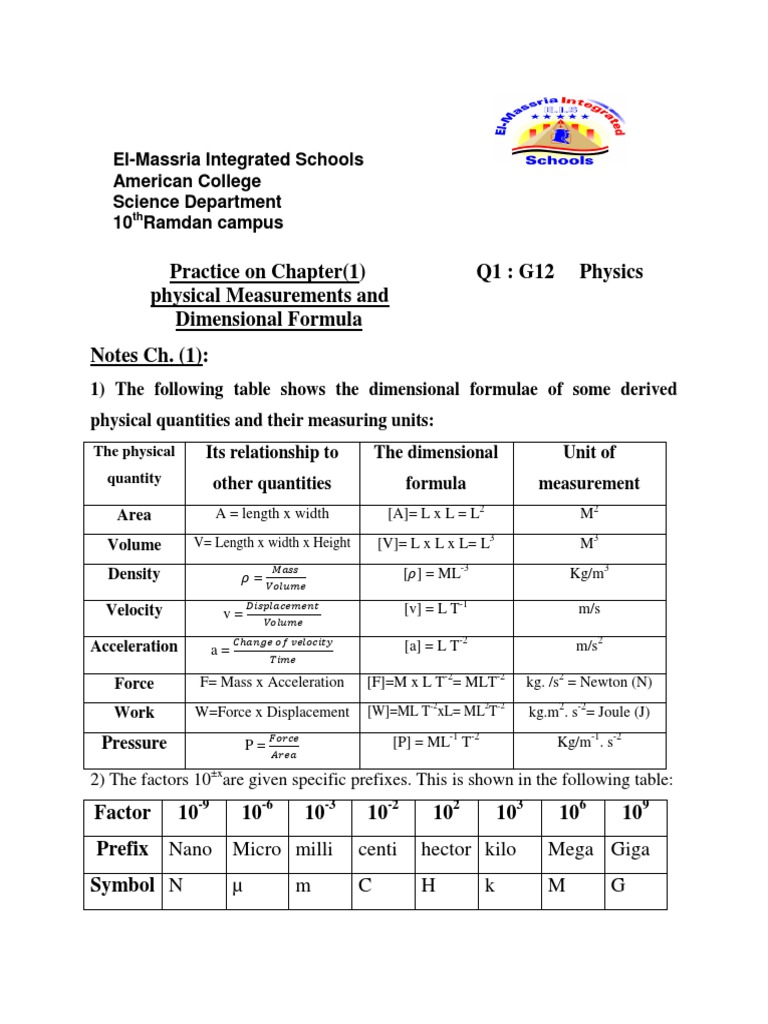 Practice On Chapter (1) Q1: G12 Physics Physical Measurements and ...