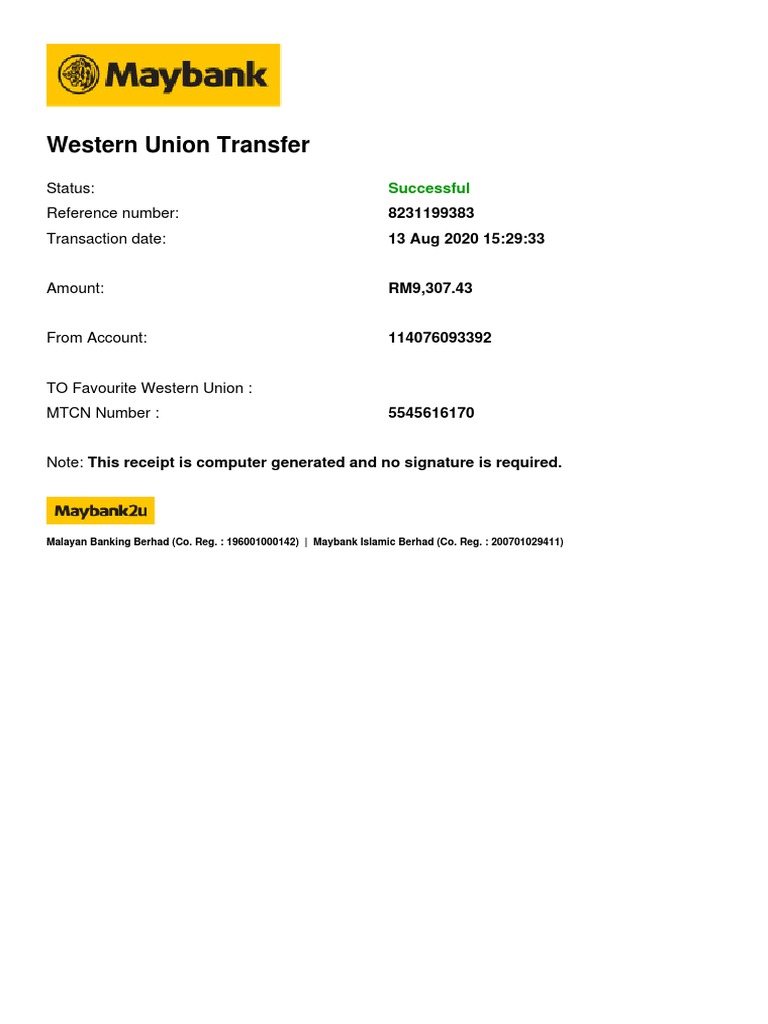 Western Union Transfer: Status: Reference Number: 8231199383 ...