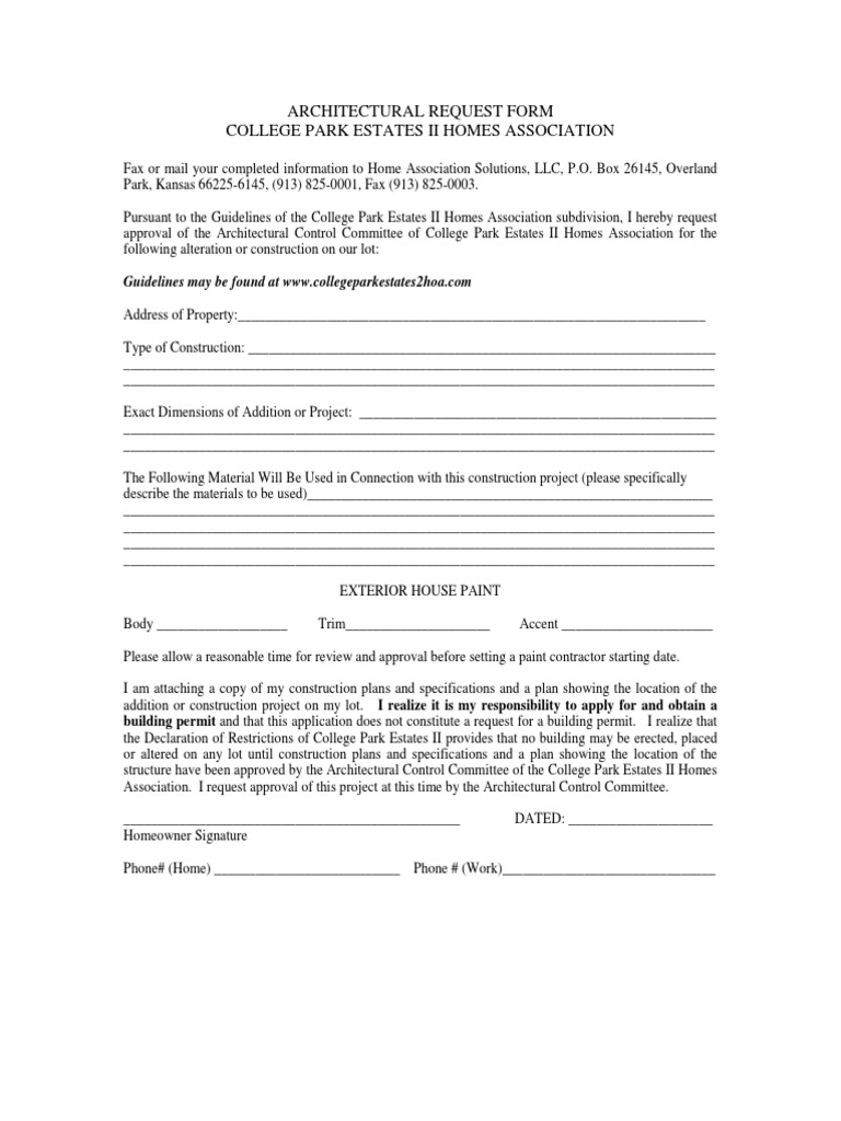 Architectural Request Form College Park Estates Ii Homes Association ...