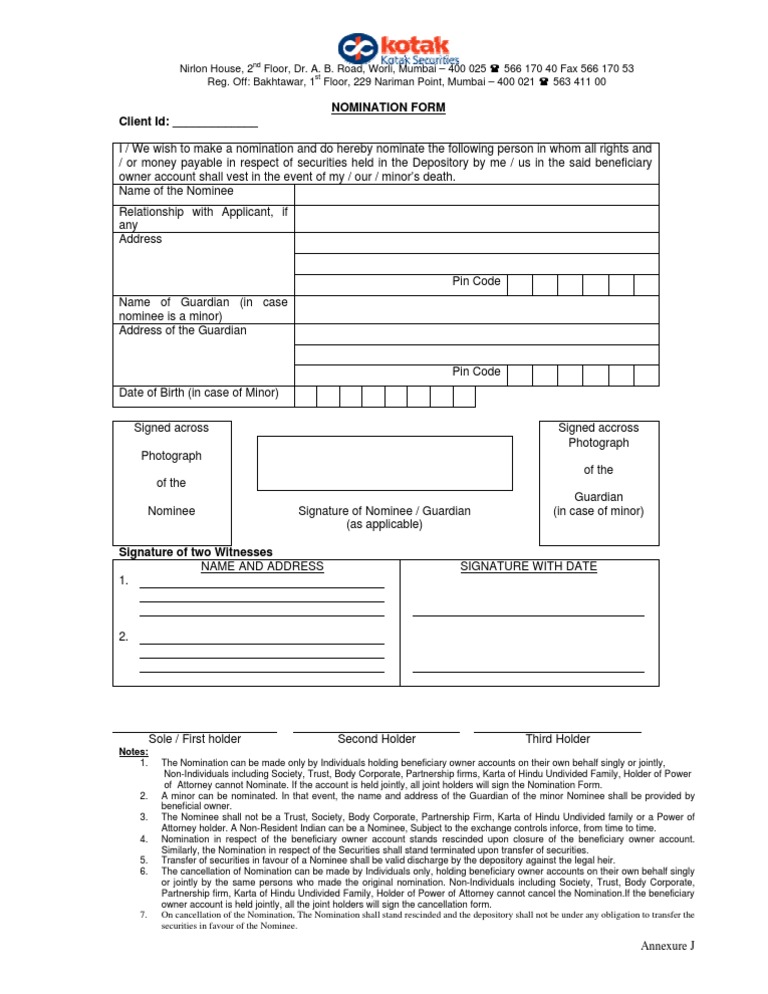 Kotak Securities Nomination Update Form | PDF | Securities (Finance ...