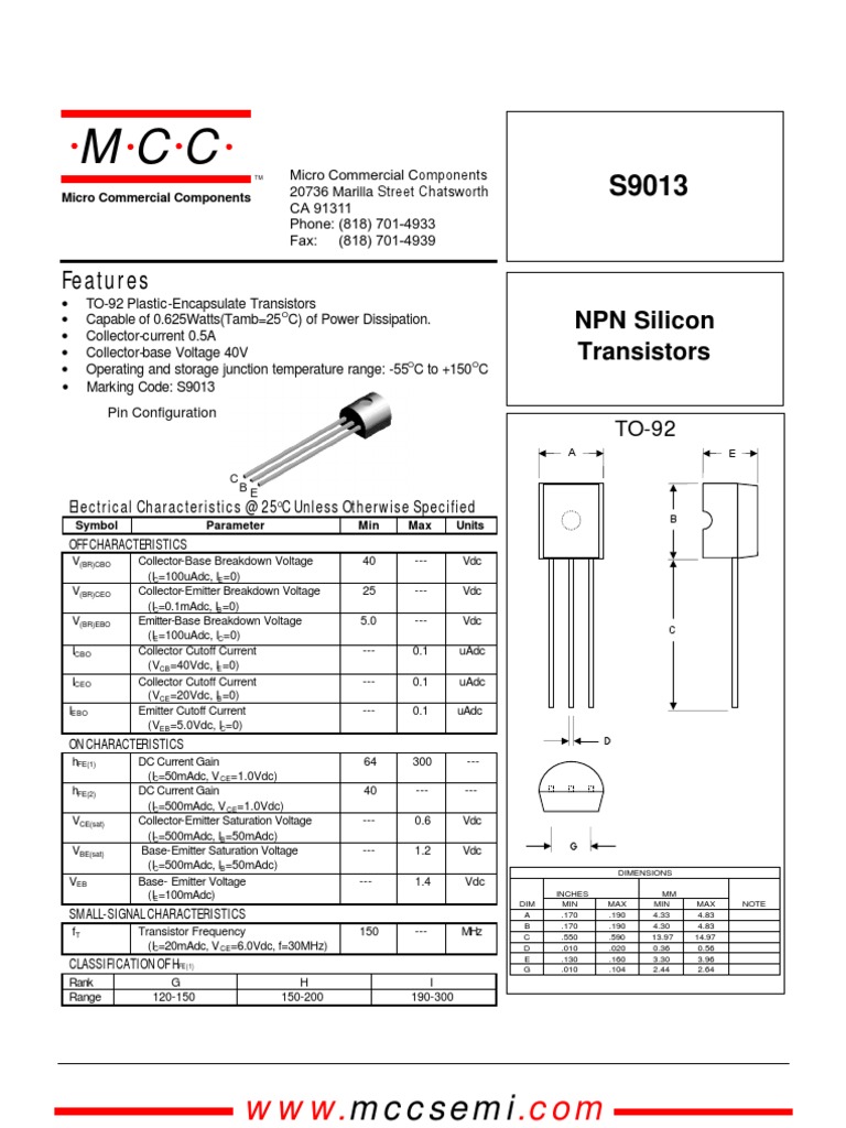 S9013 Transistor Datasheet Overview | PDF | Bipolar Junction Transistor ...