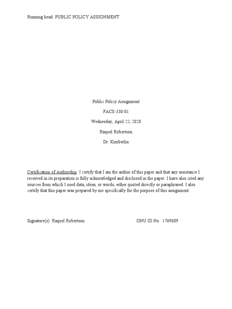 Public Policy Assignment | PDF | Dietitian | Caregiver