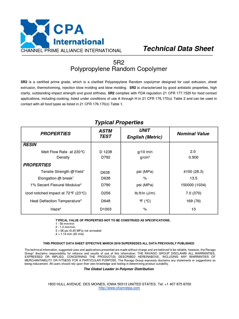 Technical Data Sheet: Polypropylene Random Copolymer | Download Free ...
