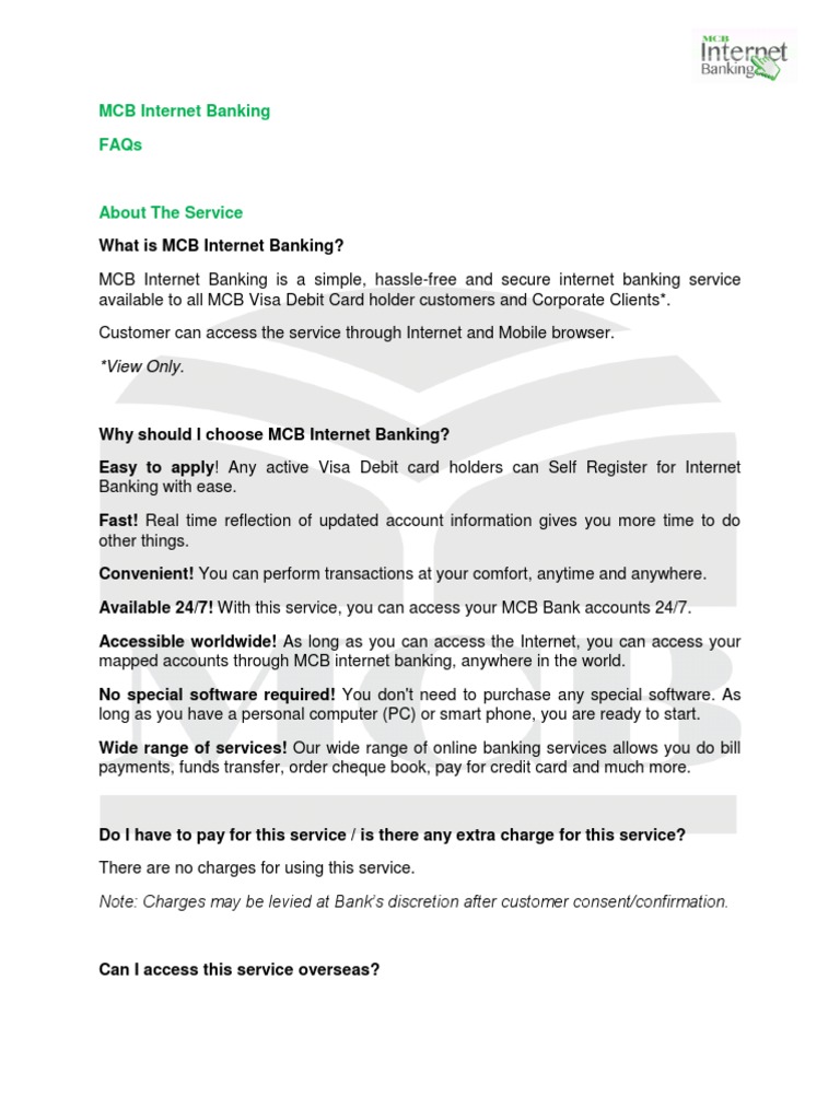 MCB Internet Banking Faqs: View Only | PDF | Online Banking | Banks ...