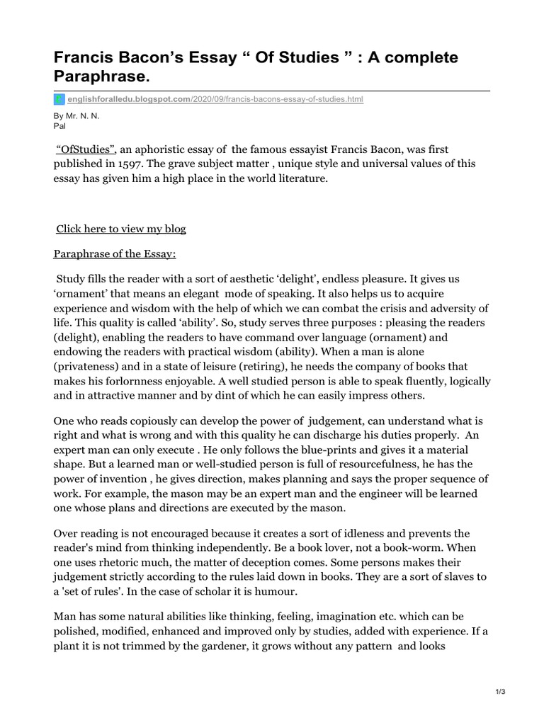 Francis Bacons Essay of Studies A Complete Paraphrase | PDF | Essays | Francis Bacon