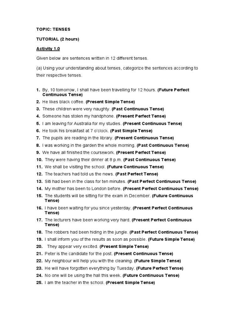 Tenses Tutorial: Categorization and Exercises | PDF | Grammatical Tense ...