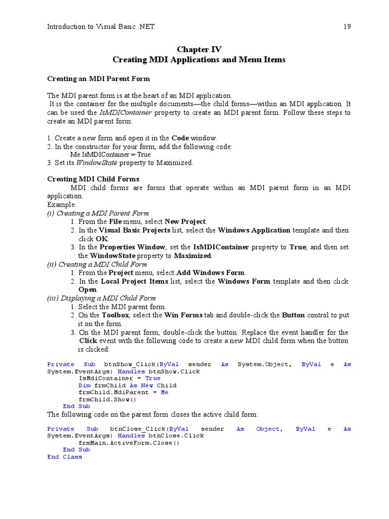 Creating MDI Applications and Menu Items | PDF | Visual Basic .Net ...