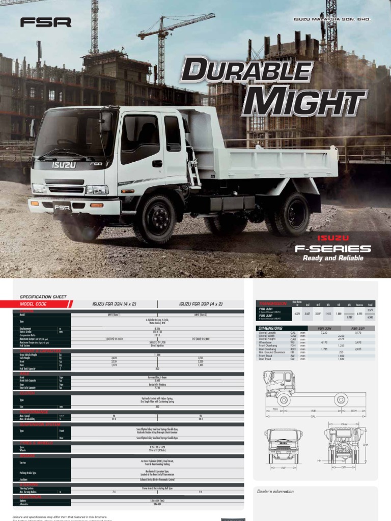 Isuzu FSR 33H Specifications Sheet | PDF | Semi Trailer Truck ...
