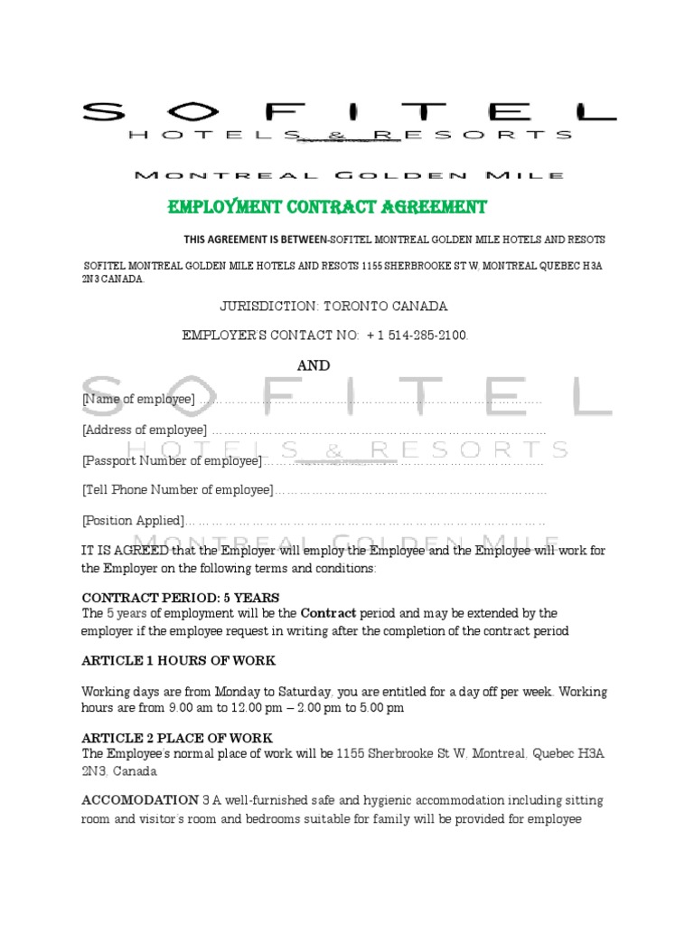 Sofitel Montreal Hotel and Resorts Agreement | PDF | Employment ...