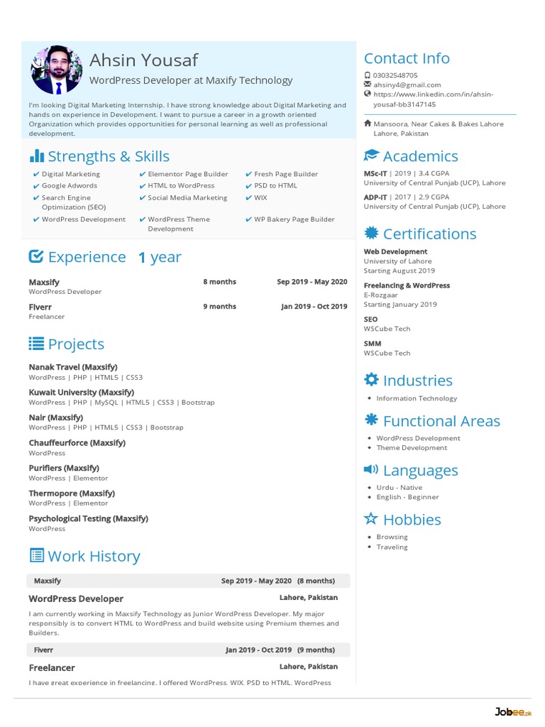 Ahsin Yousaf: Contact Info | PDF | Word Press | Html5