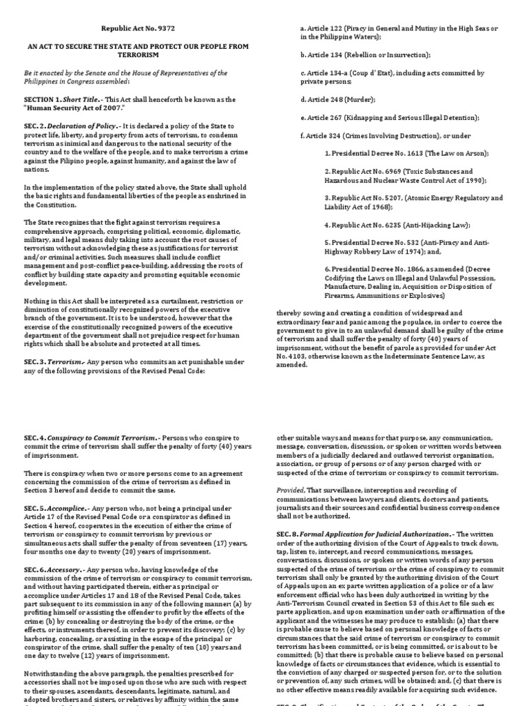 SPL (Ra 9372, Ra 9745) | PDF | Arrest | Detention (Imprisonment)