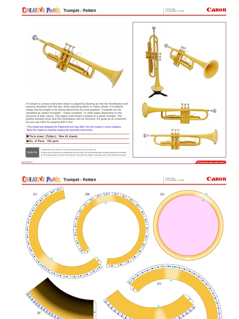 Trumpet: Pattern: Parts Sheet (Pattern) : Nine A4 Sheets No. of Parts ...