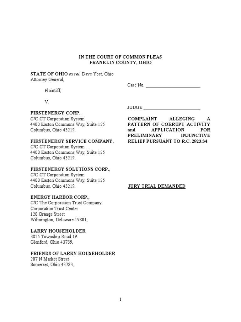 State Ex Rel Yost V FirstEnergy Et Al Complaint Alleging A Pattern of ...