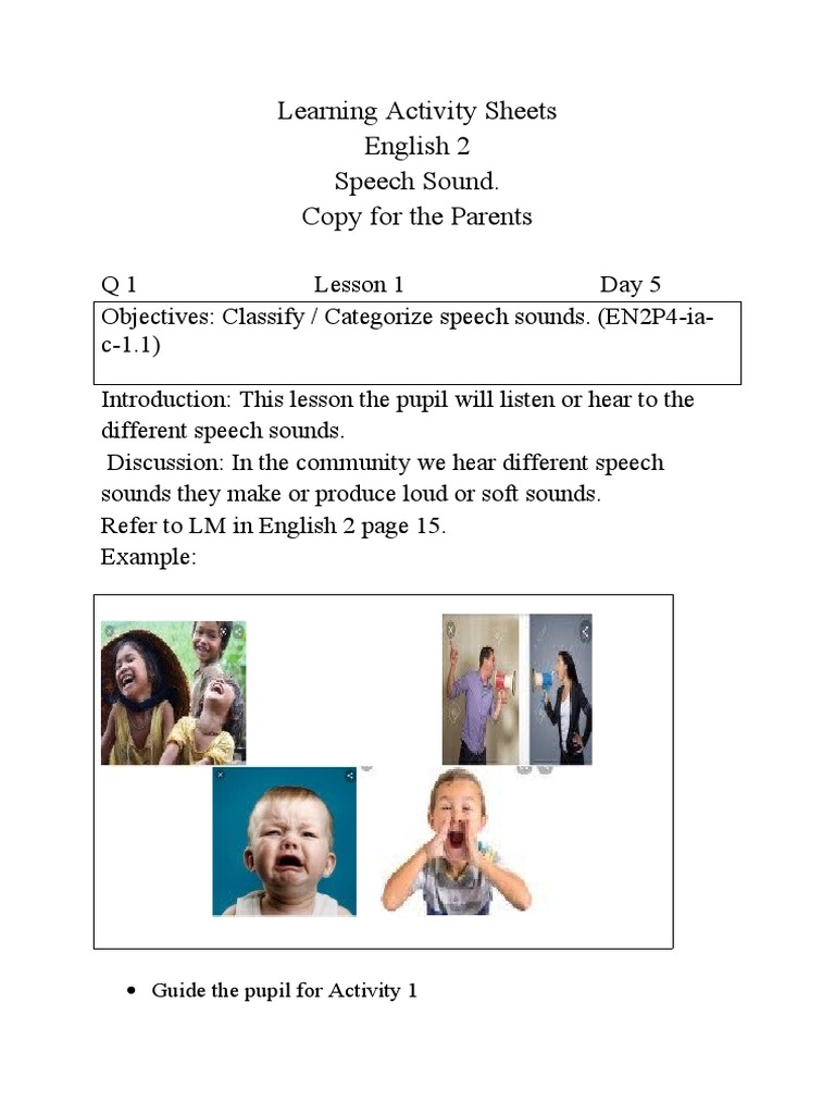 Learning Activity Sheets English 2 Speech Sound. Copy For The Parents ...